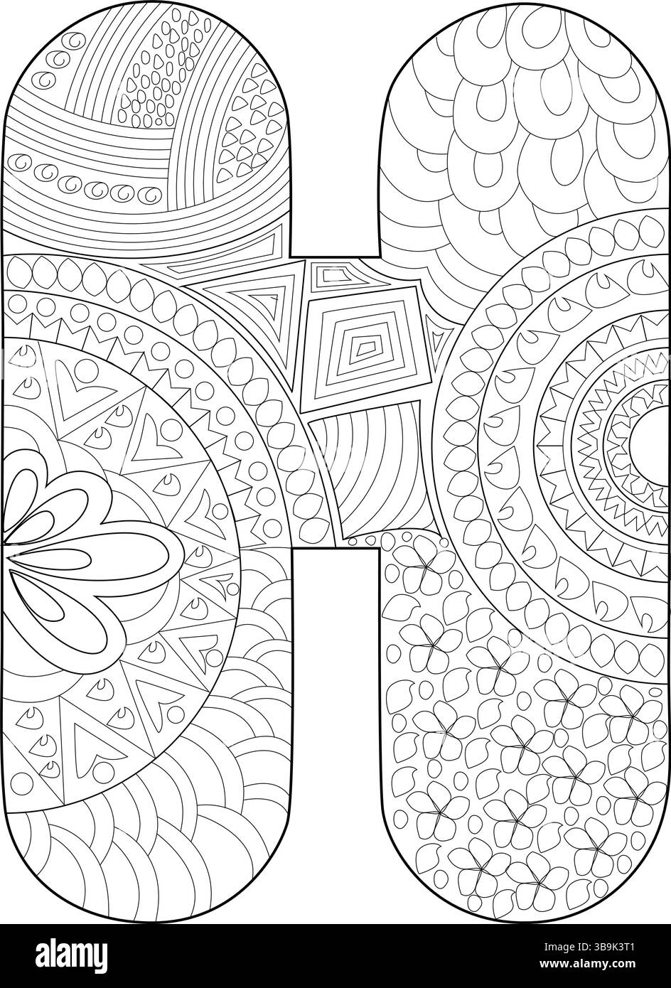A black and white line art illustration featuring the uppercase letter ...