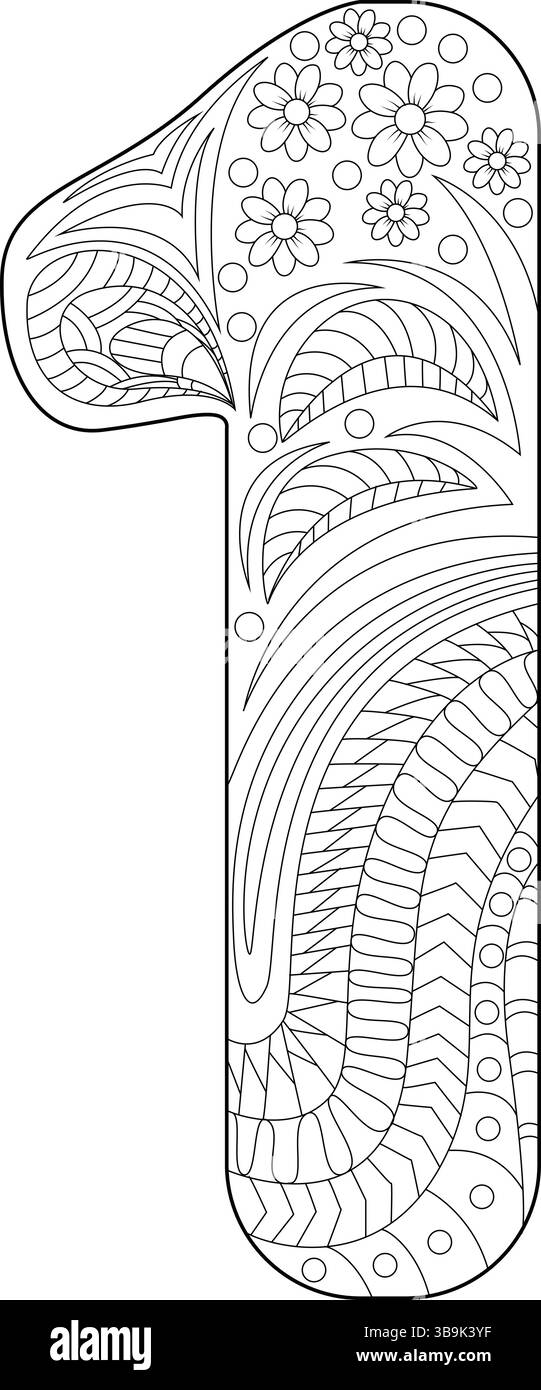 An intricate black and white illustration of the number 1, filled with ...
