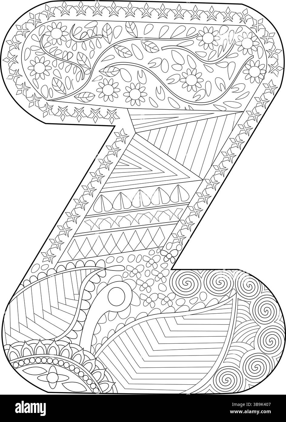 An intricate black and white line art illustration of the uppercase ...