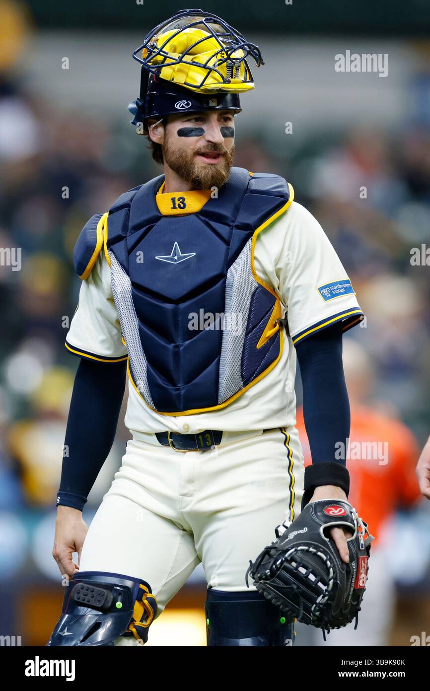 MILWAUKEE, WI - MAY 07: Milwaukee Brewers catcher Eric Haase (13) looks ...