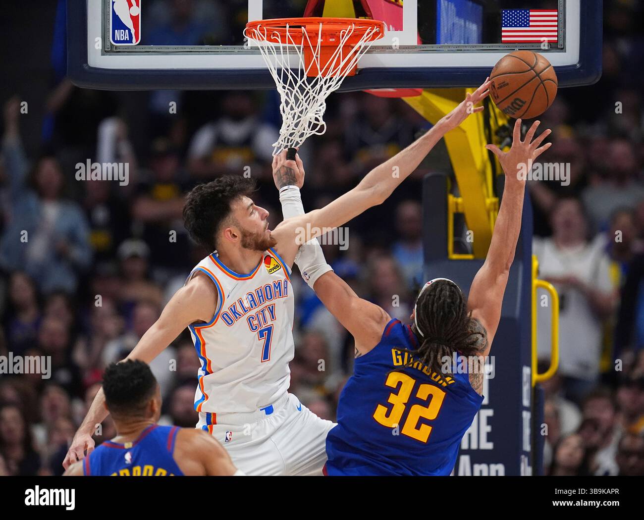 Oklahoma City Thunder forward Chet Holmgren, back left, fights for control of the ball with ...