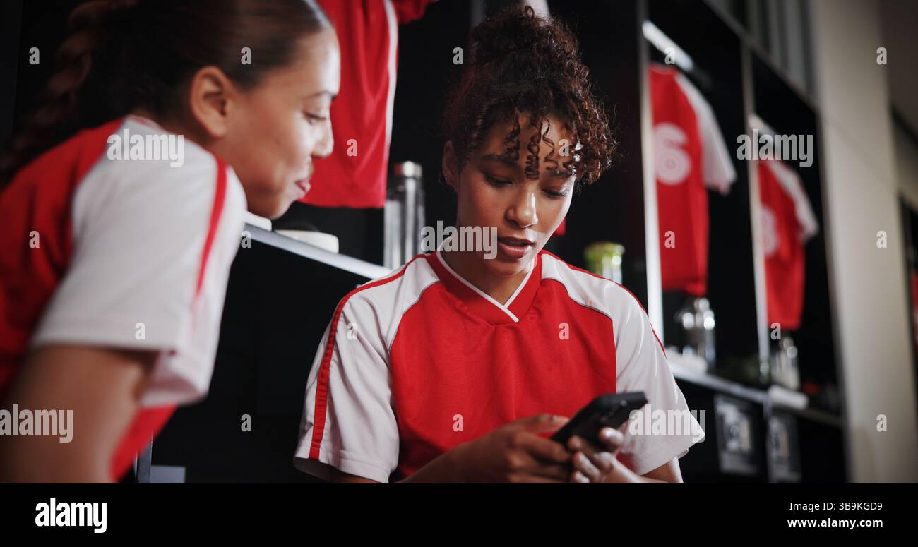 Talking, team and girls with smartphone, gym and conversation for match ...