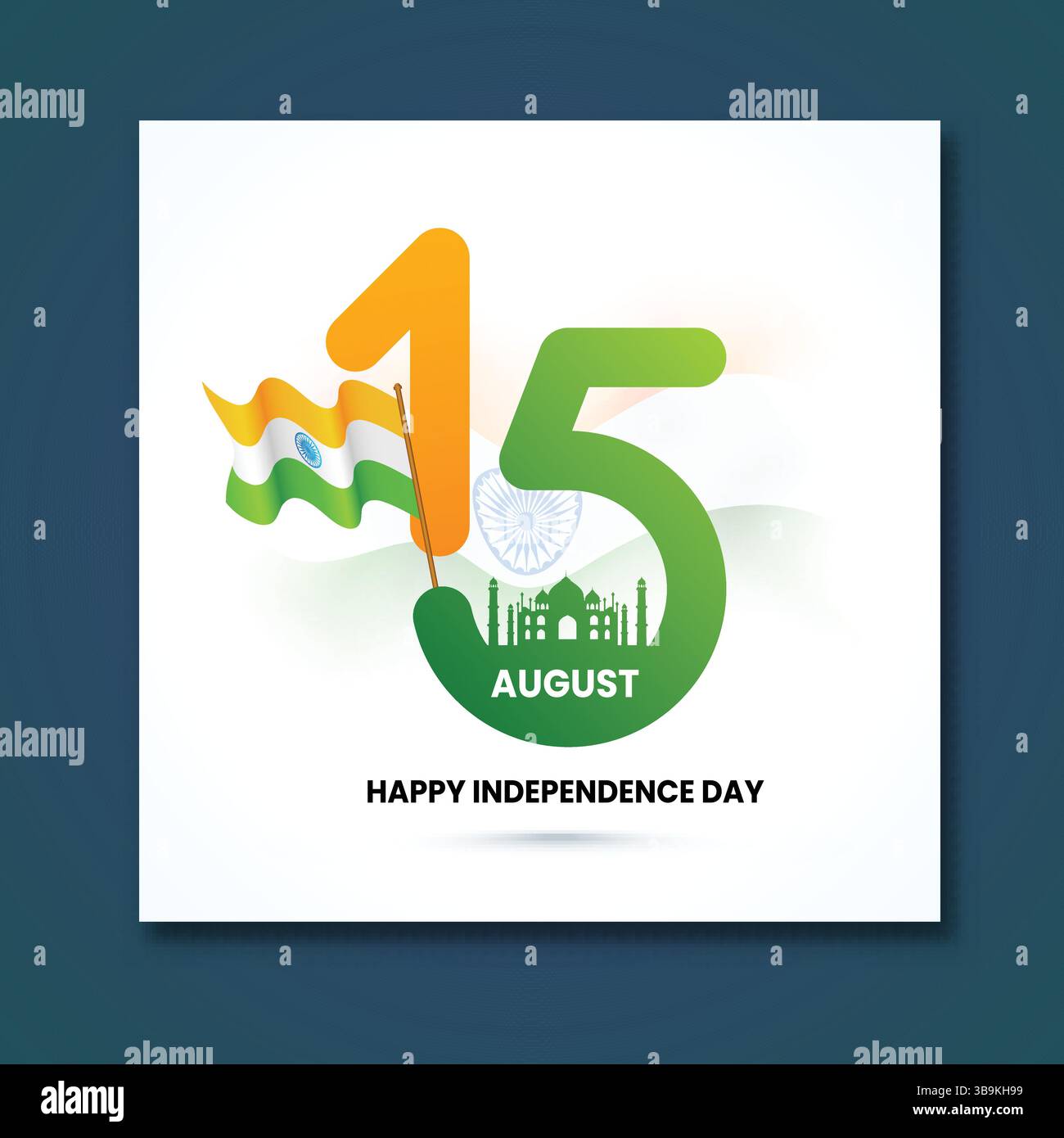15th August Text with Silhouette Taj Mahal and Wavy Indian Flag on ...