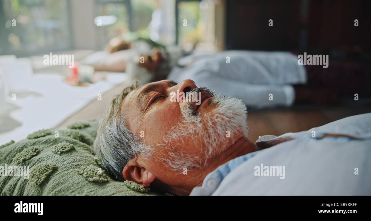 Zen, calm and man at guided meditation class for mindfulness, peace and ...