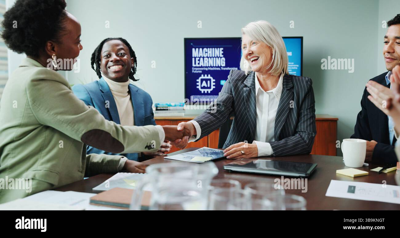 Business, people and shaking hands in presentation for success of ...