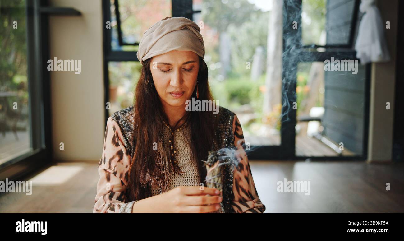 Sacred, woman and sage with smoke, prayer and burning herb for ...