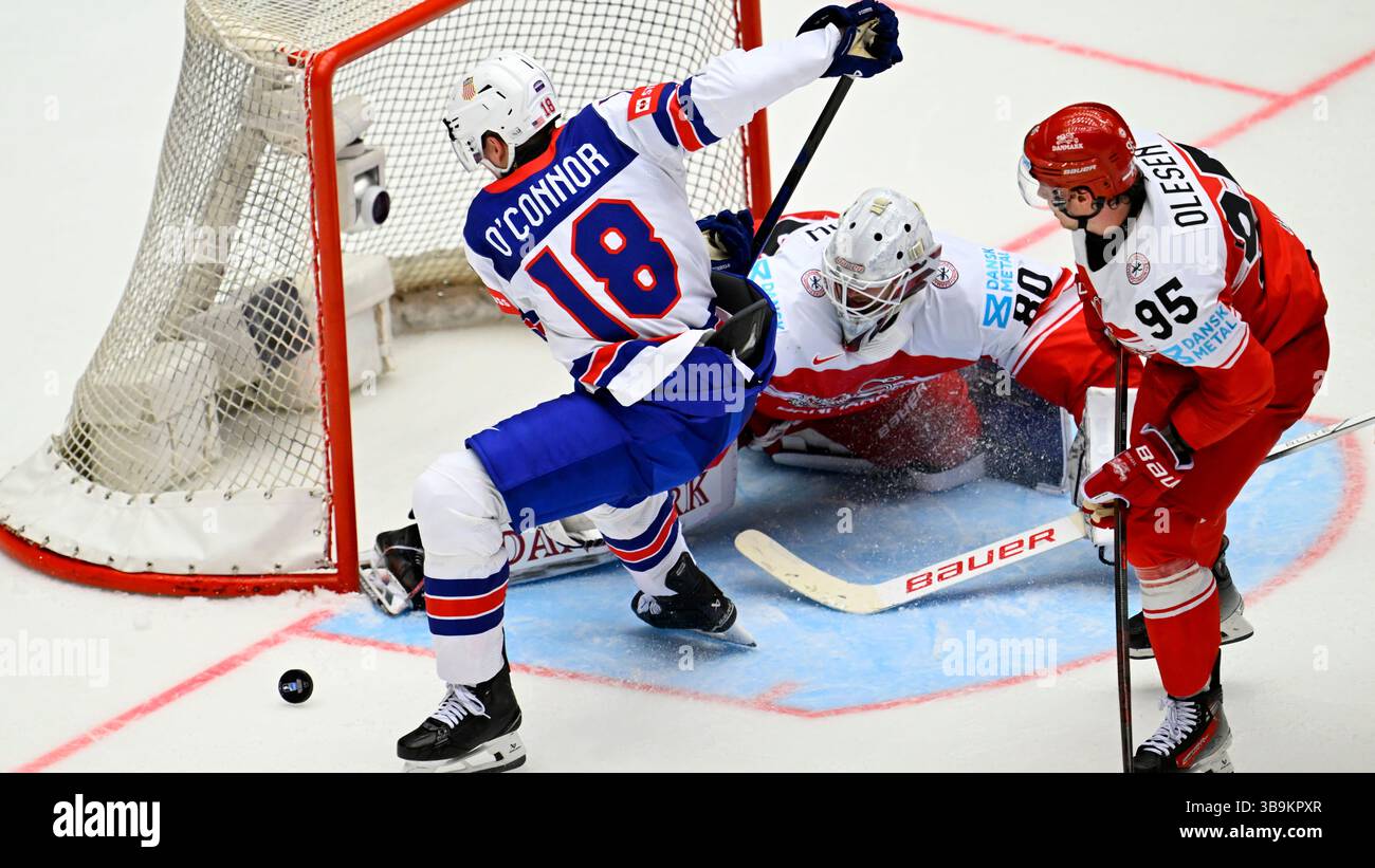 May 9, 2025, Herning, Denmark: Drew O'Conner, USA, Goalkeeper Frederik Dichow, Denmark and Nick ...