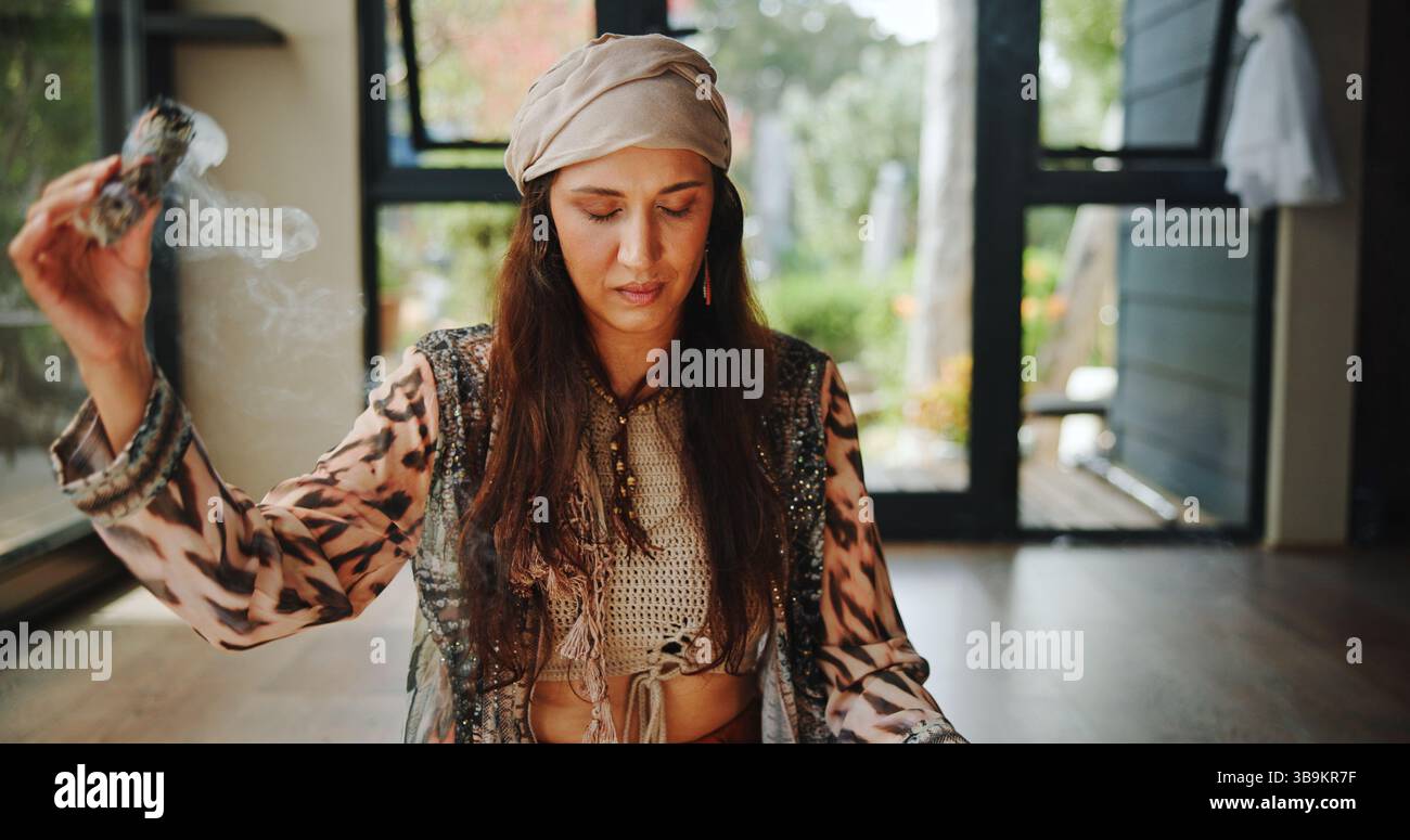 Smudging, woman and sage with smoke, sacred and burning herb for ...