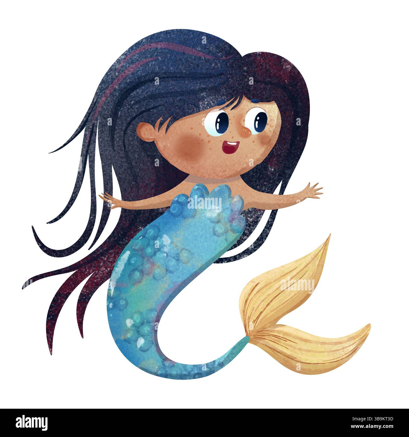 Cute mermaid girl with big open eyes, smiling face, dark blue hair with ...