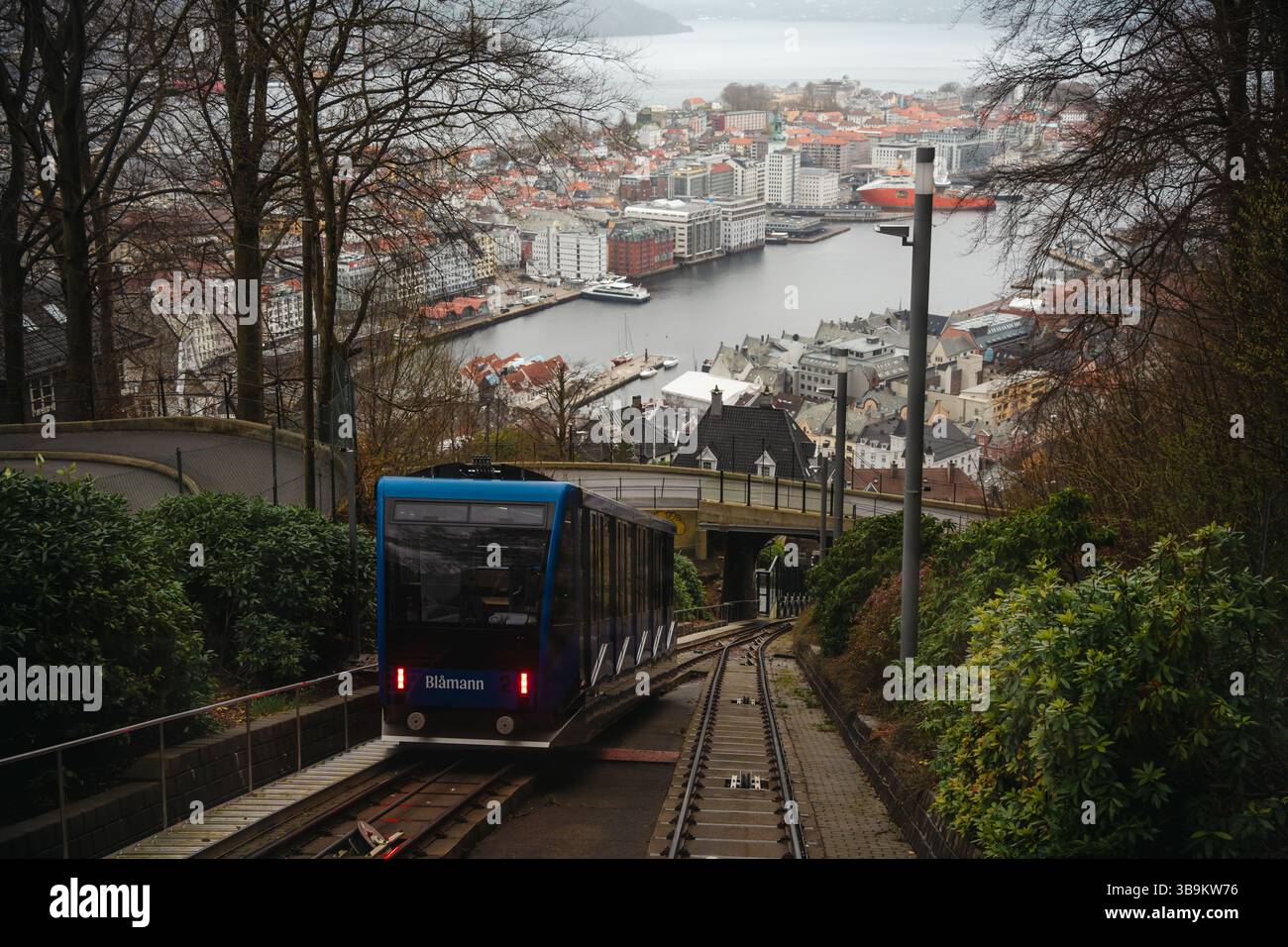 Iconic Floibanen funicular railway ascending Mount Floyen in Bergen ...