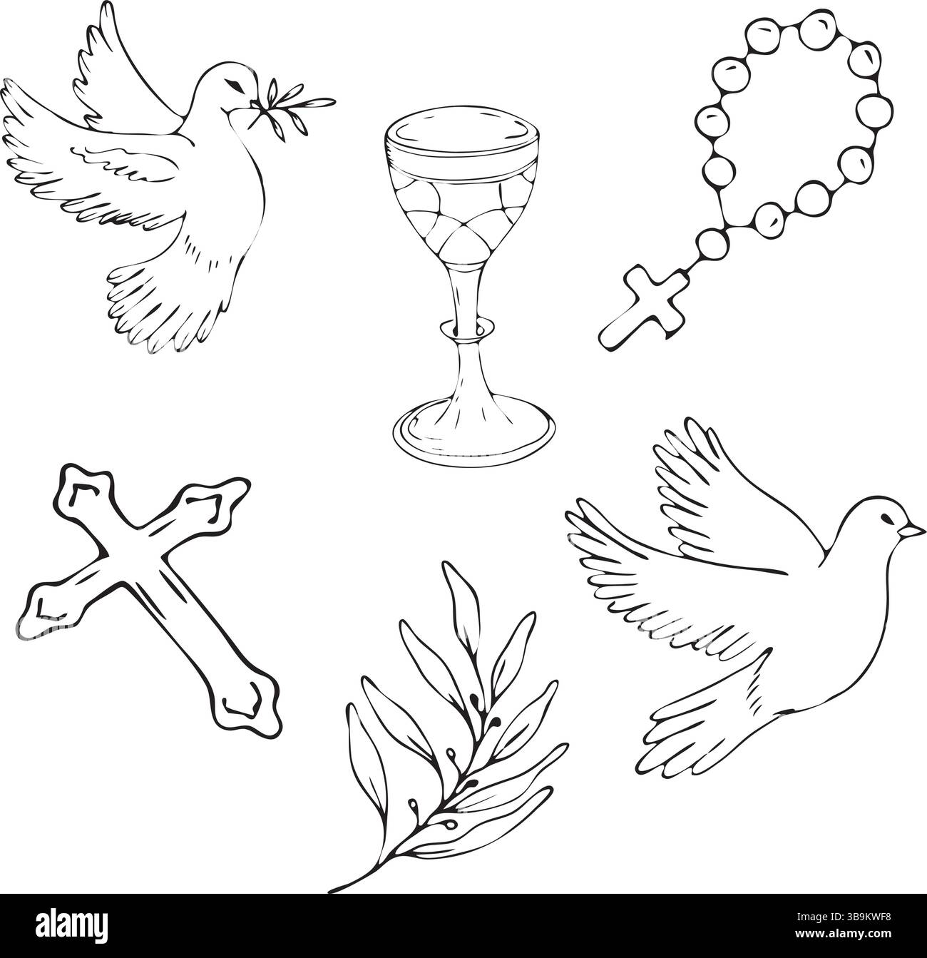 First communion set. Christian elements, catholic religion icons dove of peace, chalice, cross ...