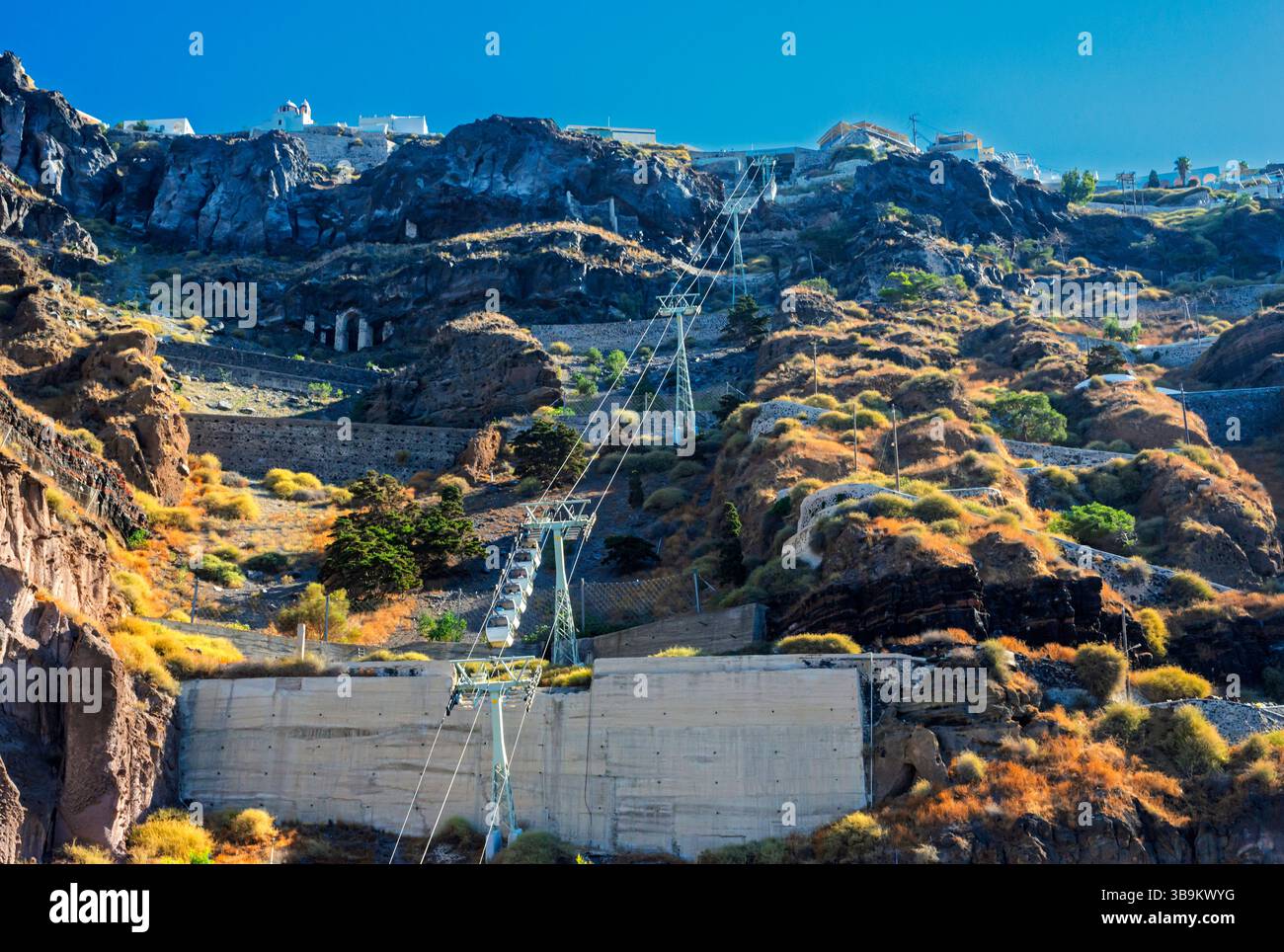 Iconic Santorini cable car ascending the steep cliffside, Greece ...