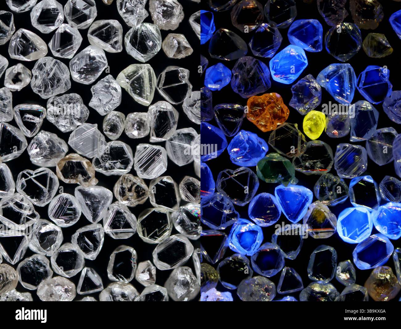 Comparison photos of natural diamond crystal under visible and UV light ...