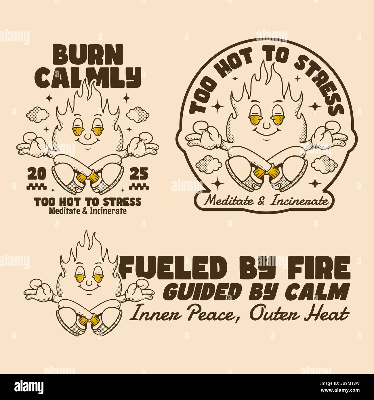 Set of relaxing flame characters with retro comic style and warm tones ...