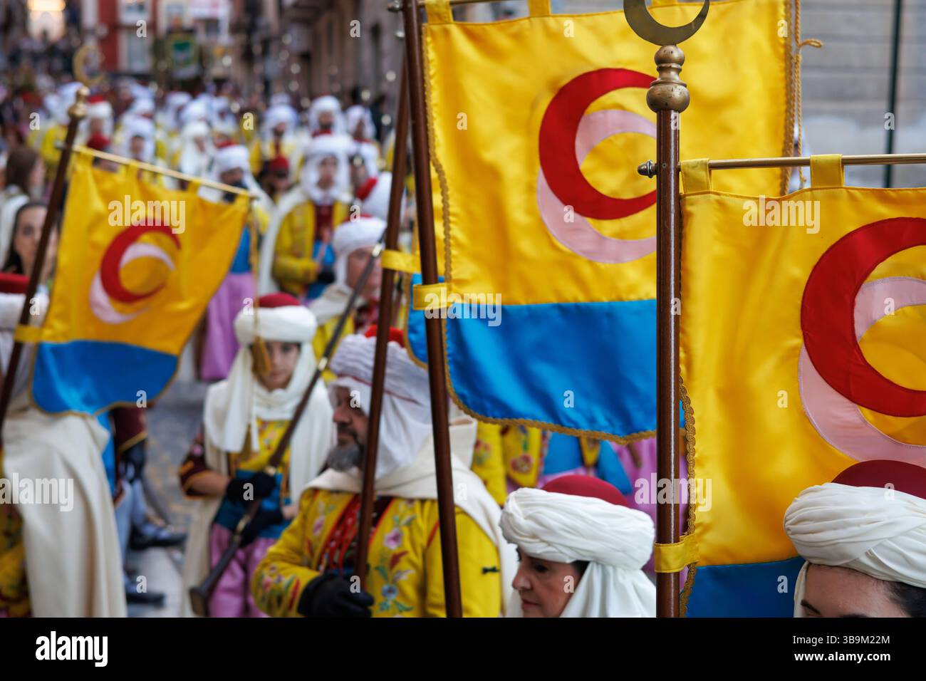 Alcoy, Spain, 05-04-2025: Flags of the Jewish troupe during the general ...