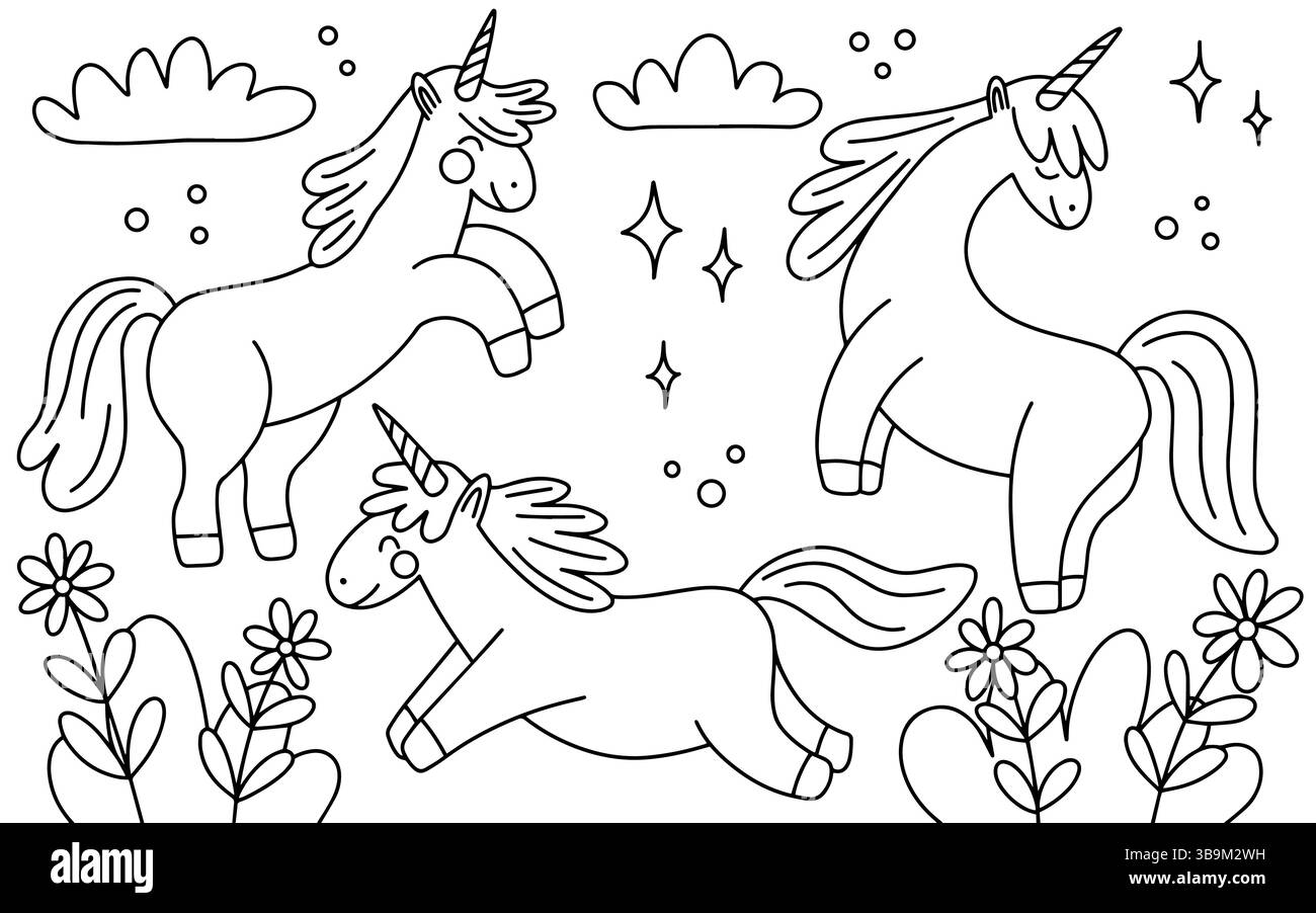 Unicorns coloring page with clouds and stars Stock Vector Image & Art ...