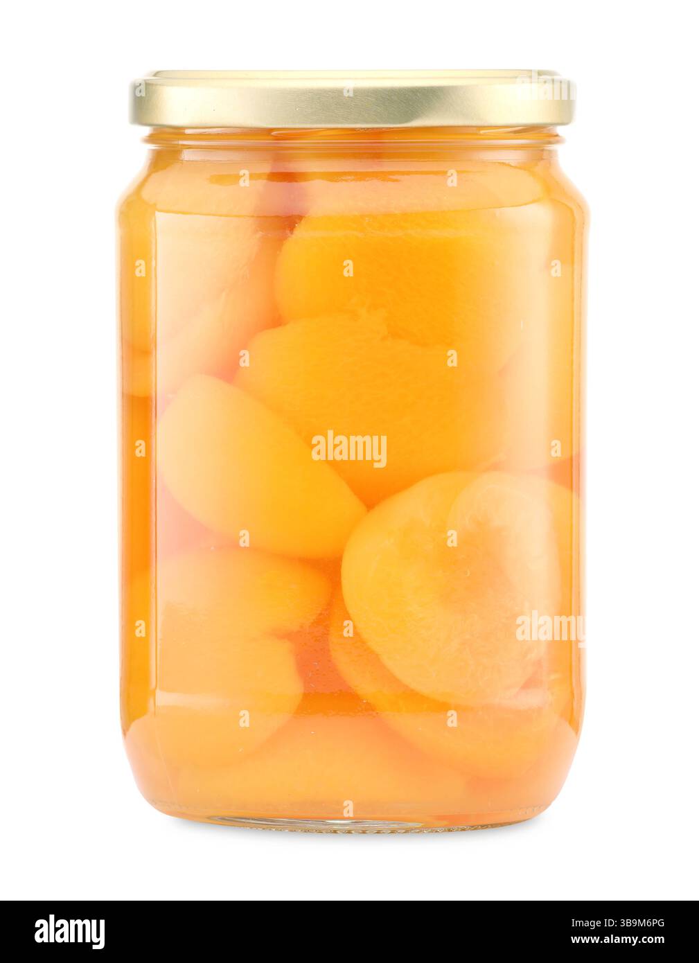Tasty canned apricots in jar isolated on white Stock Photo - Alamy