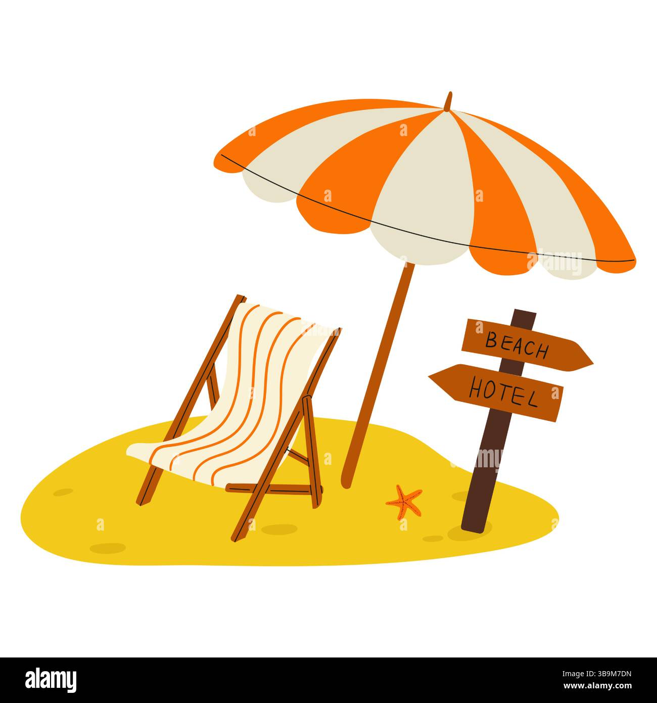 Relaxing beach scene with chair, umbrella, and directional signs near a ...