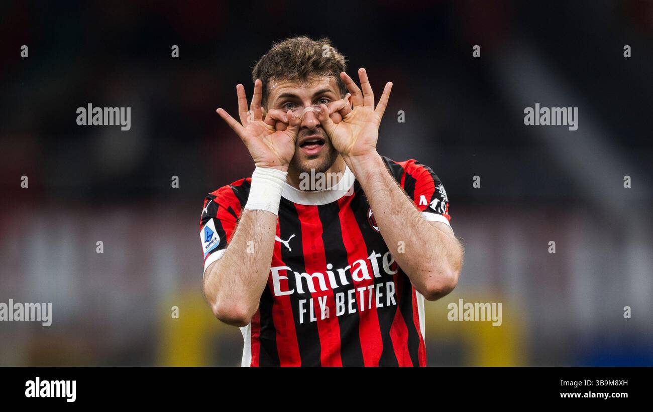 Milan, Italy. 9 May 2025. Santiago Gimenez of AC Milan celebrates after ...