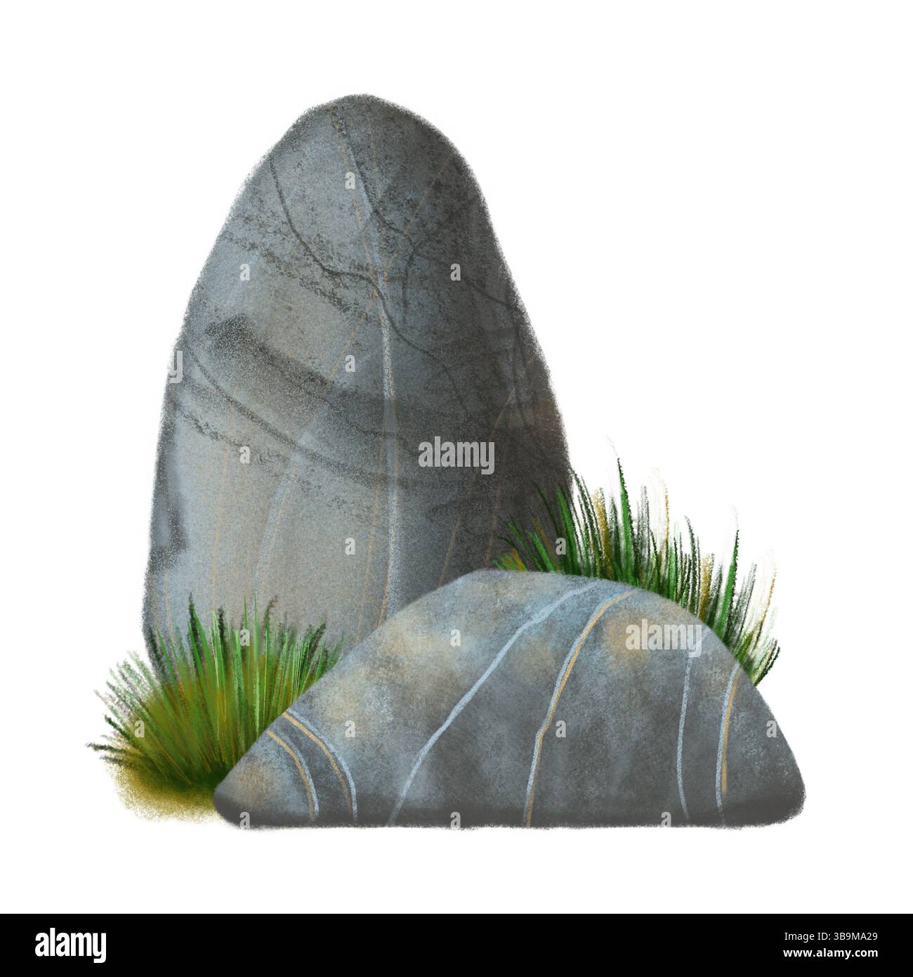 Two big stone with grass, isolated white. Colored landscape elements ...