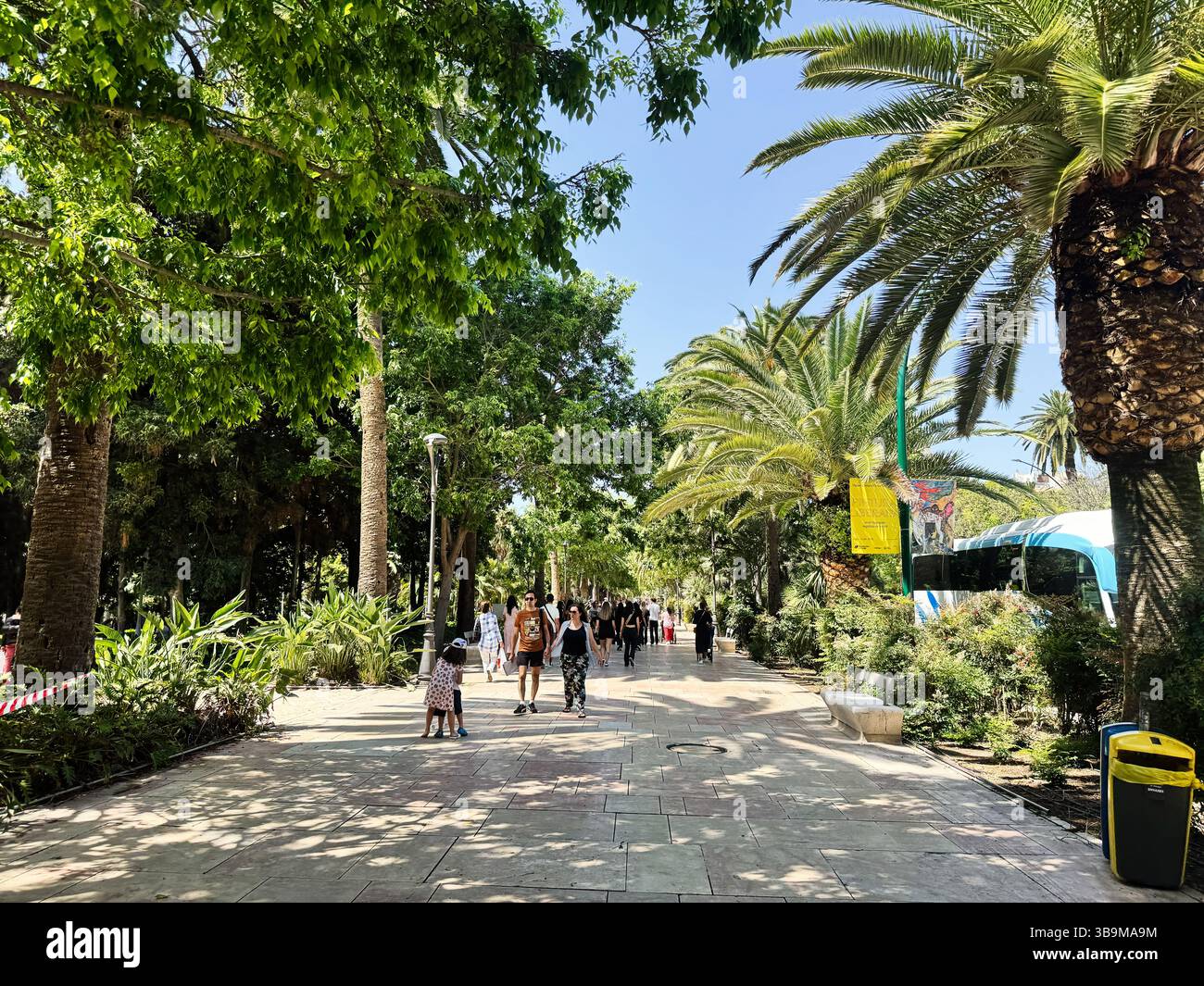 Malaga, Spain - May 02, 2025: A summertime walk along palm-tree-shaded ...
