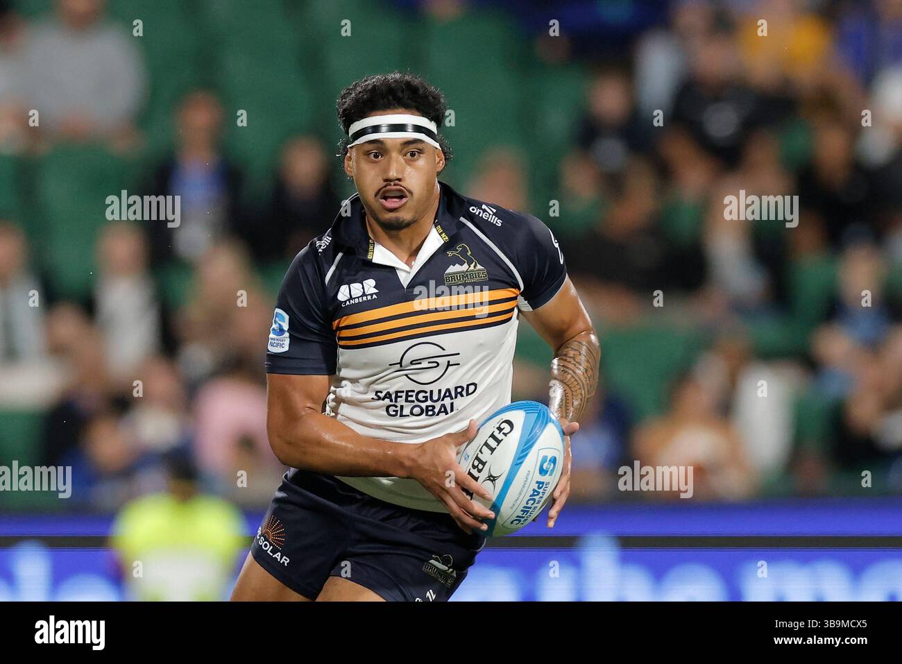 Perth, Australia. 10th May, 2025. David Feliuai of the Brumbies runs ...