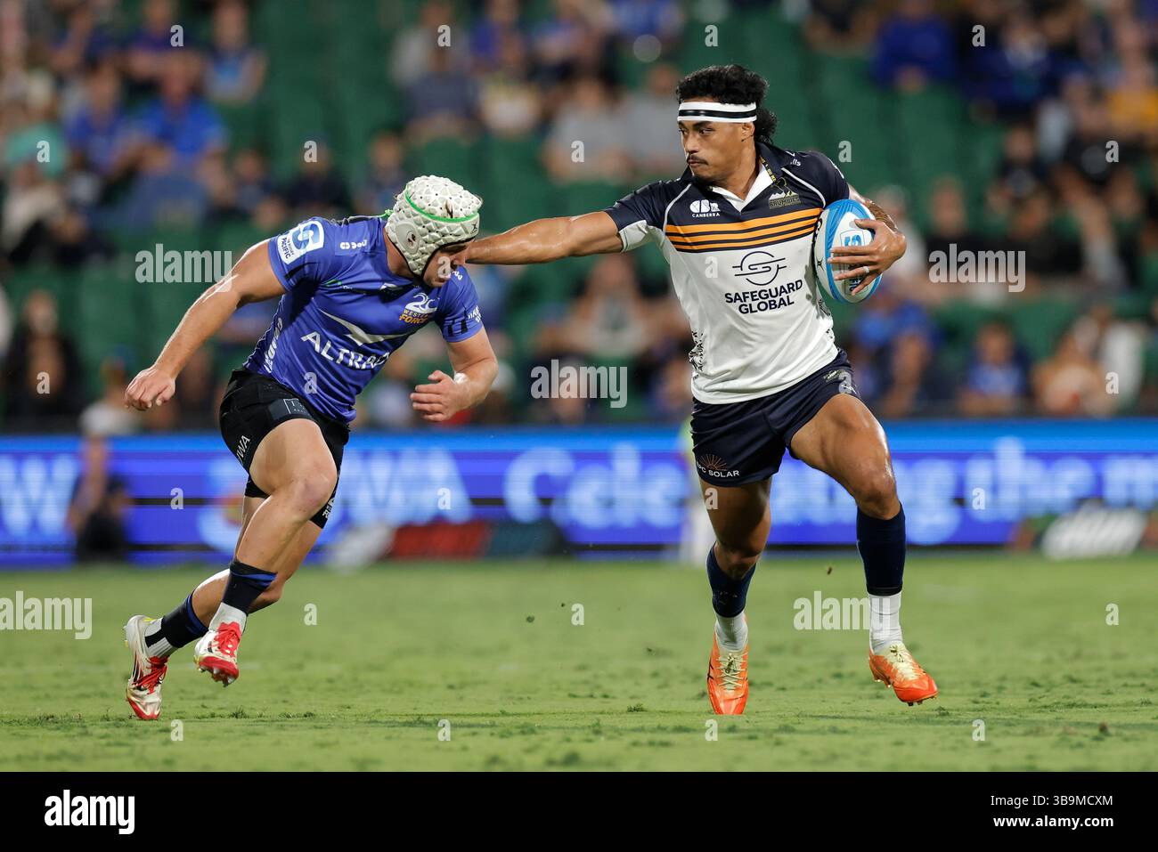 Perth, Australia. 10th May, 2025. David Feliuai of the Brumbies fends ...