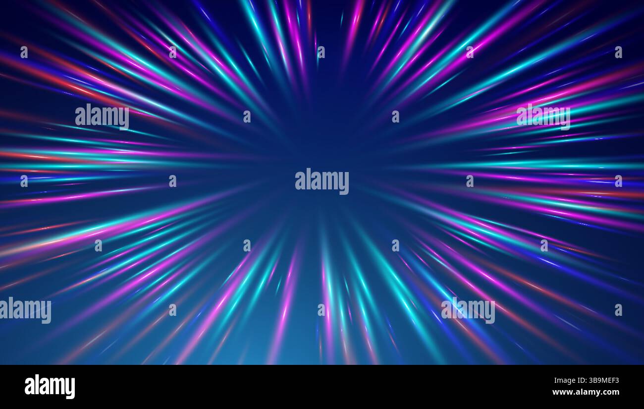 Space warp speed line abstract background. Light blue neon radial burst comic effect. Ai streak ...