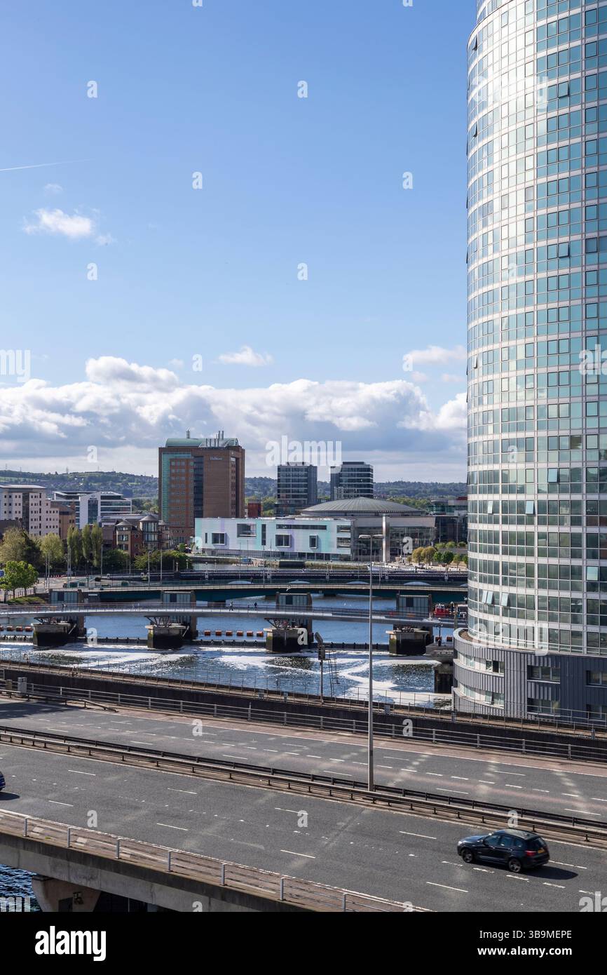 The Obel Tower and the M3 motorway, Belfast city centre, Northern ...