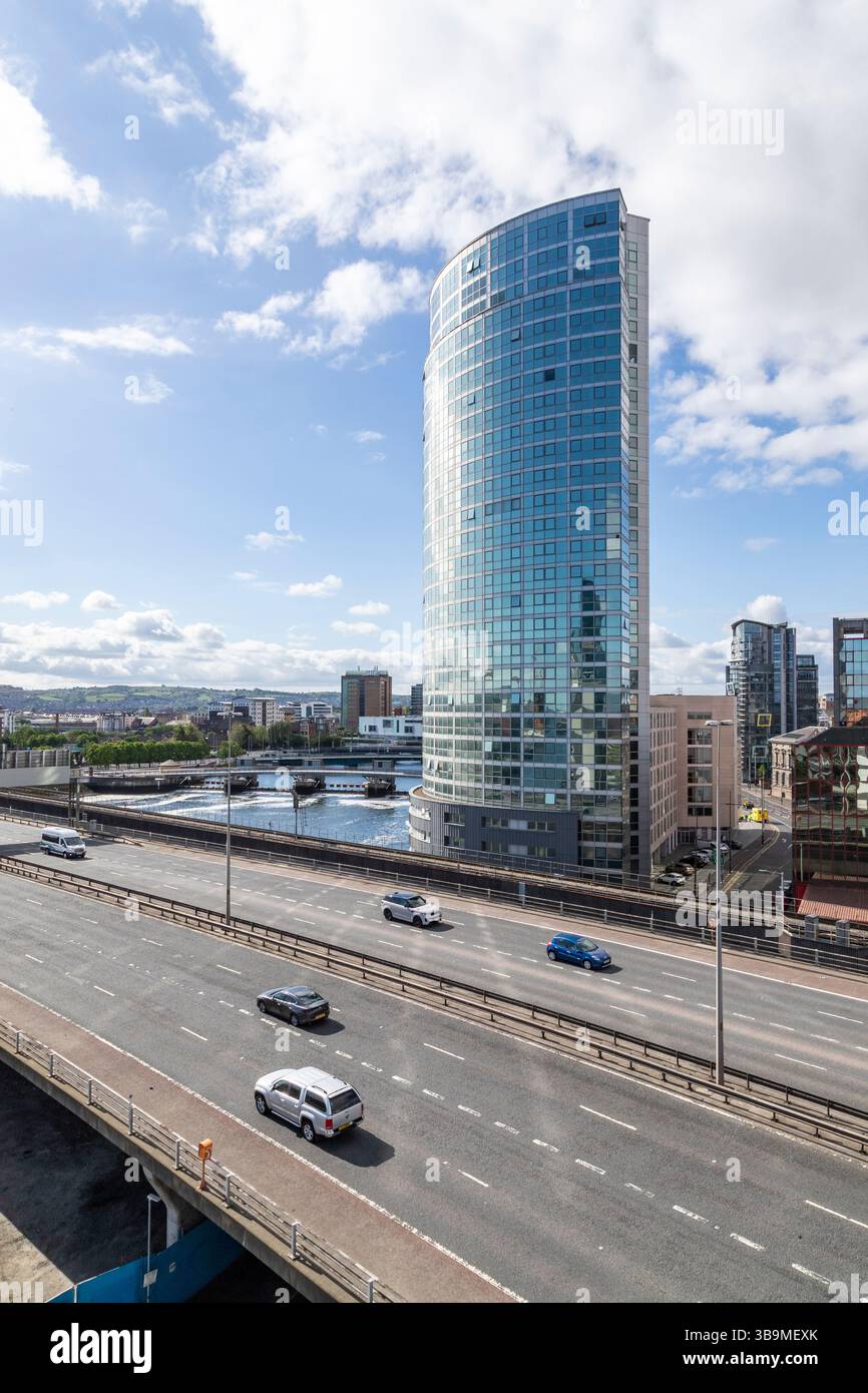 The Obel Tower and the M3 motorway, Belfast city centre, Northern ...