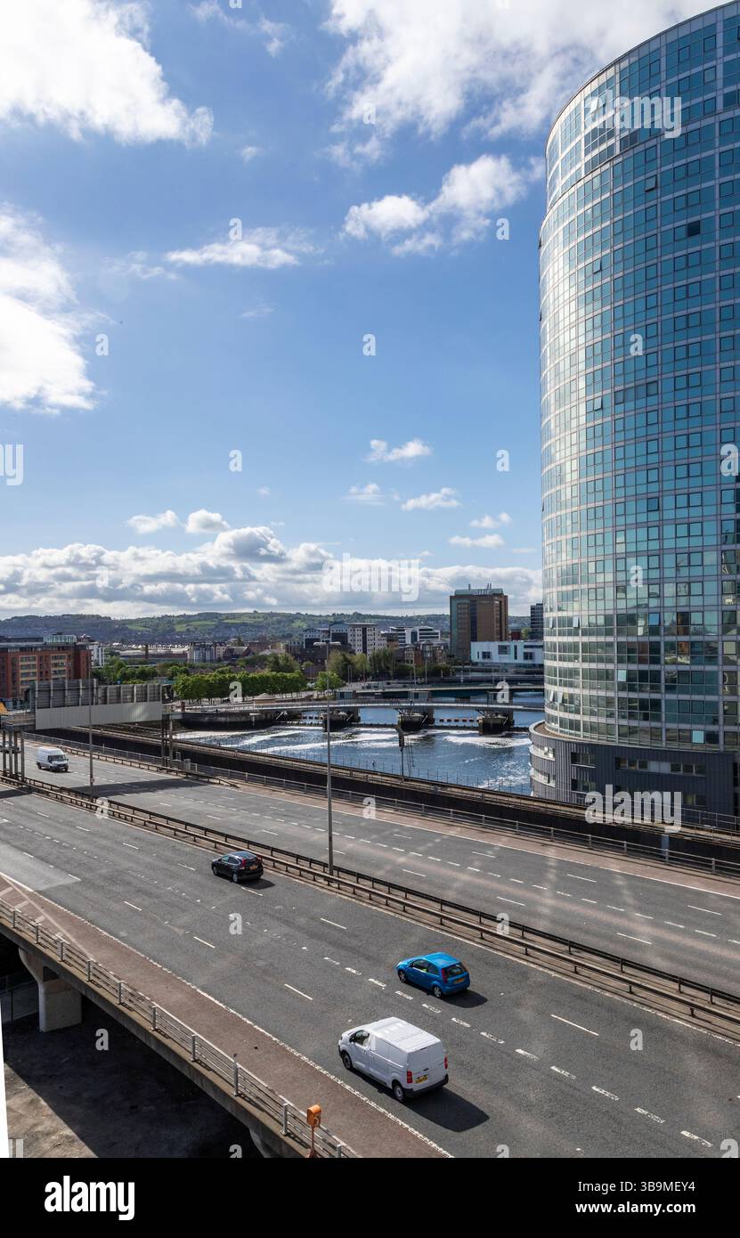 The Obel Tower and the M3 motorway, Belfast city centre, Northern ...