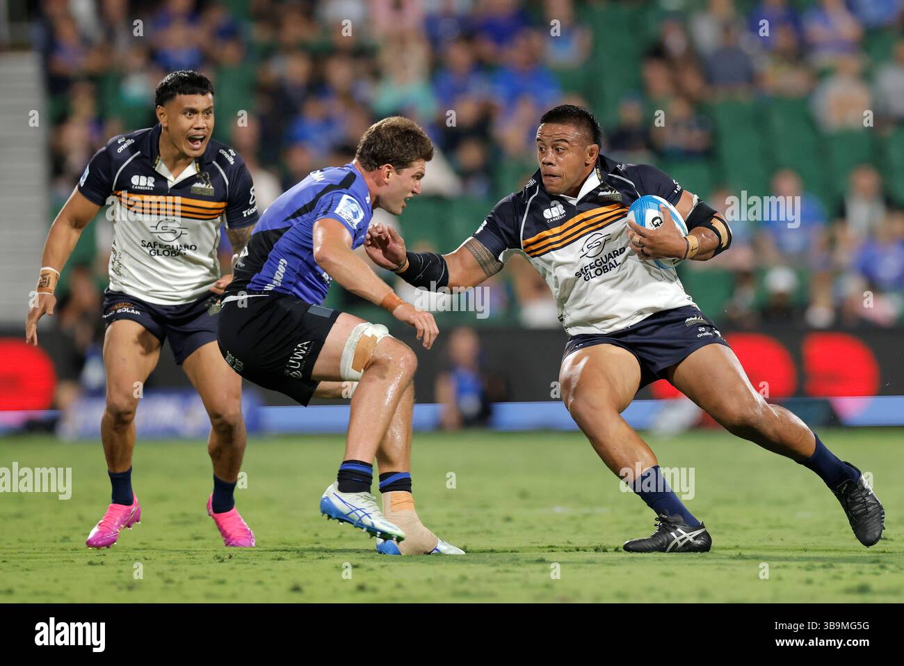 Perth, Australia. 10th May, 2025. Allan Alaalatoa of the Brumbies fends ...