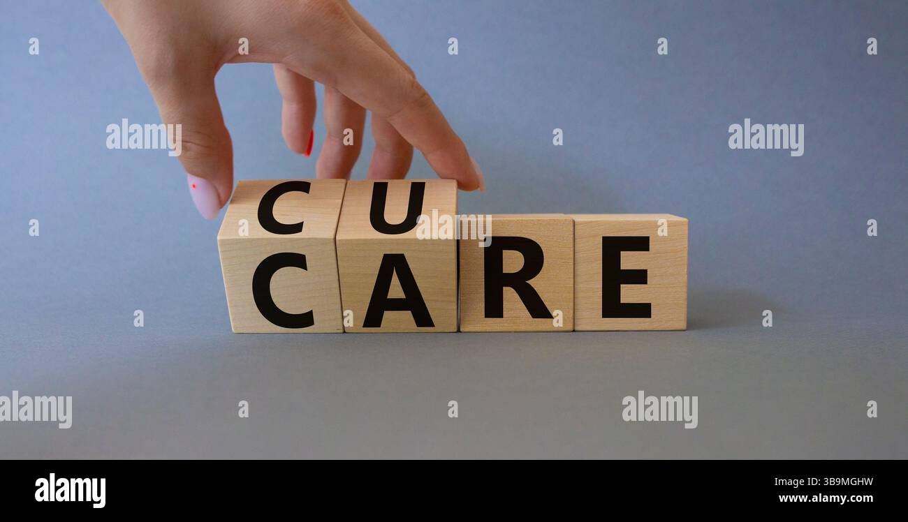 Cure and Care symbol. Businessman hand turnes wooden cubes and changes ...