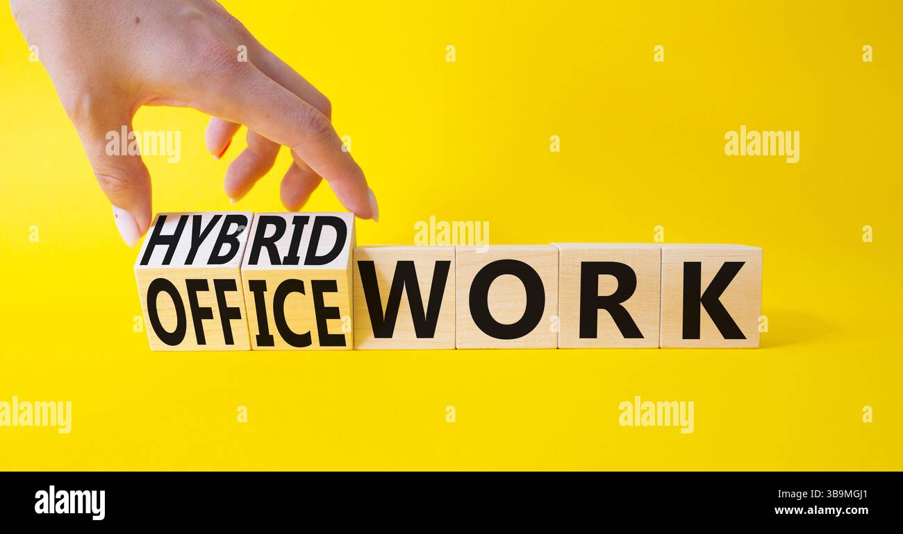 Hybrid work and office work symbol. Businessman hand turns wooden cubes ...