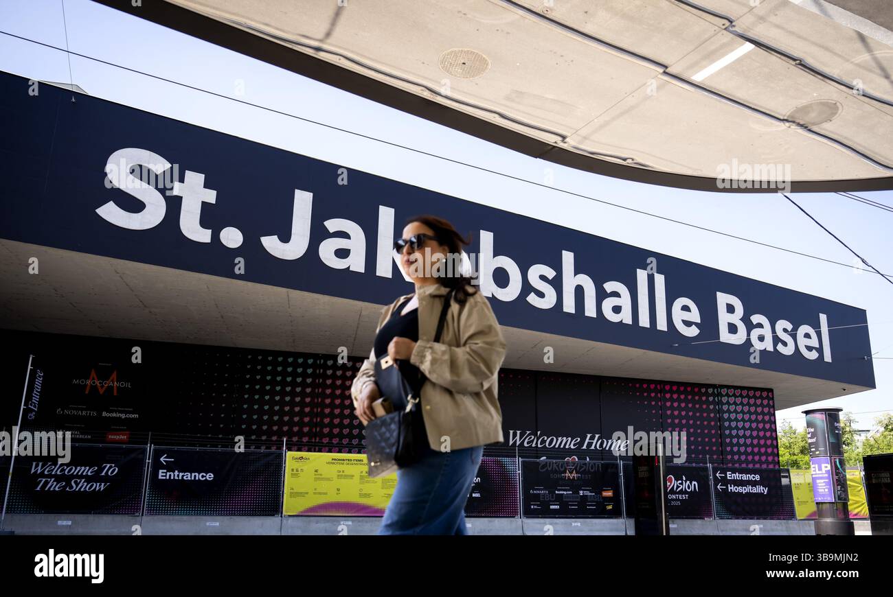 Basel, Switzerland. 10th May, 2025. BASEL - Exterior of the St. Jakobshalle, the event venue ...
