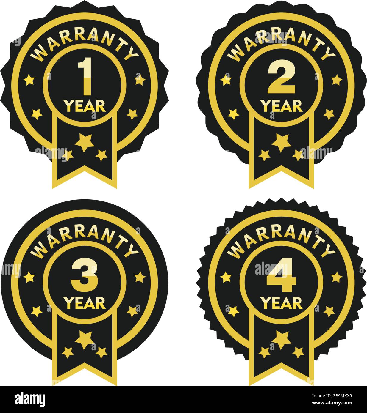 Gold and black warranty badge set for 1 to 4 years, vector label icons ...