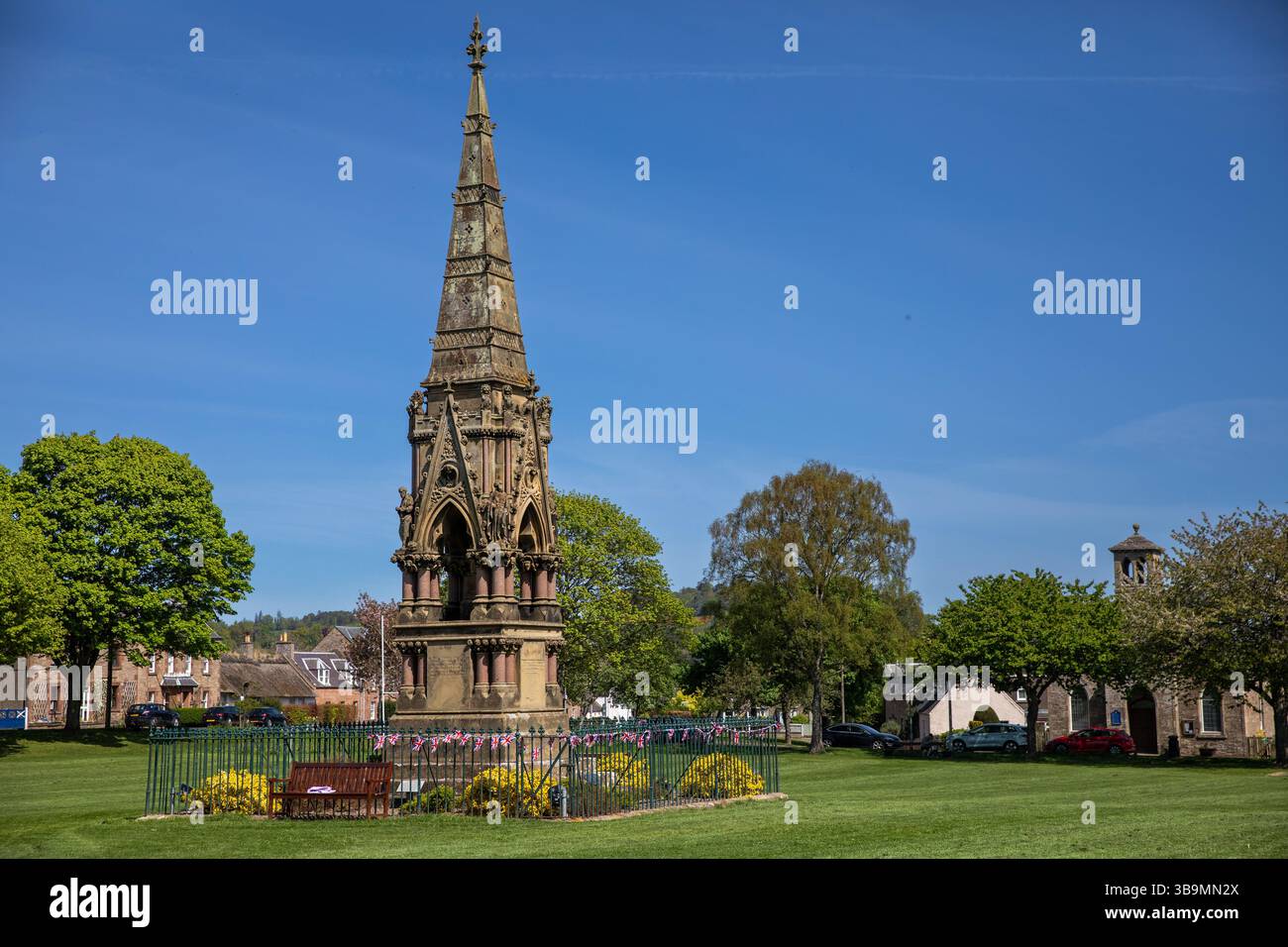 The village of Denholm in the Scottish Borders with the memorial to ...
