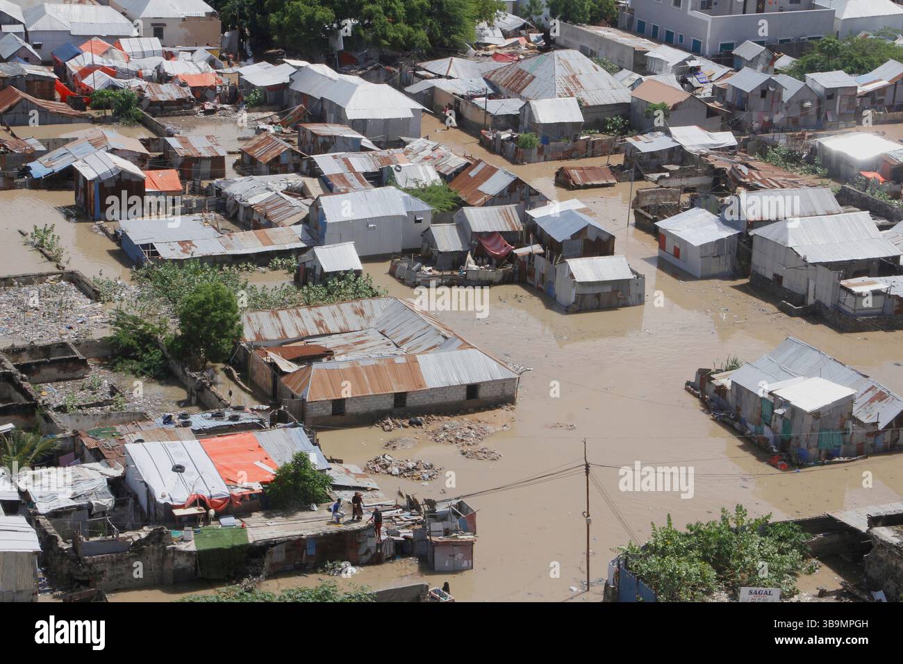 An aerial view of the floodwater following a heavy downpour in ...
