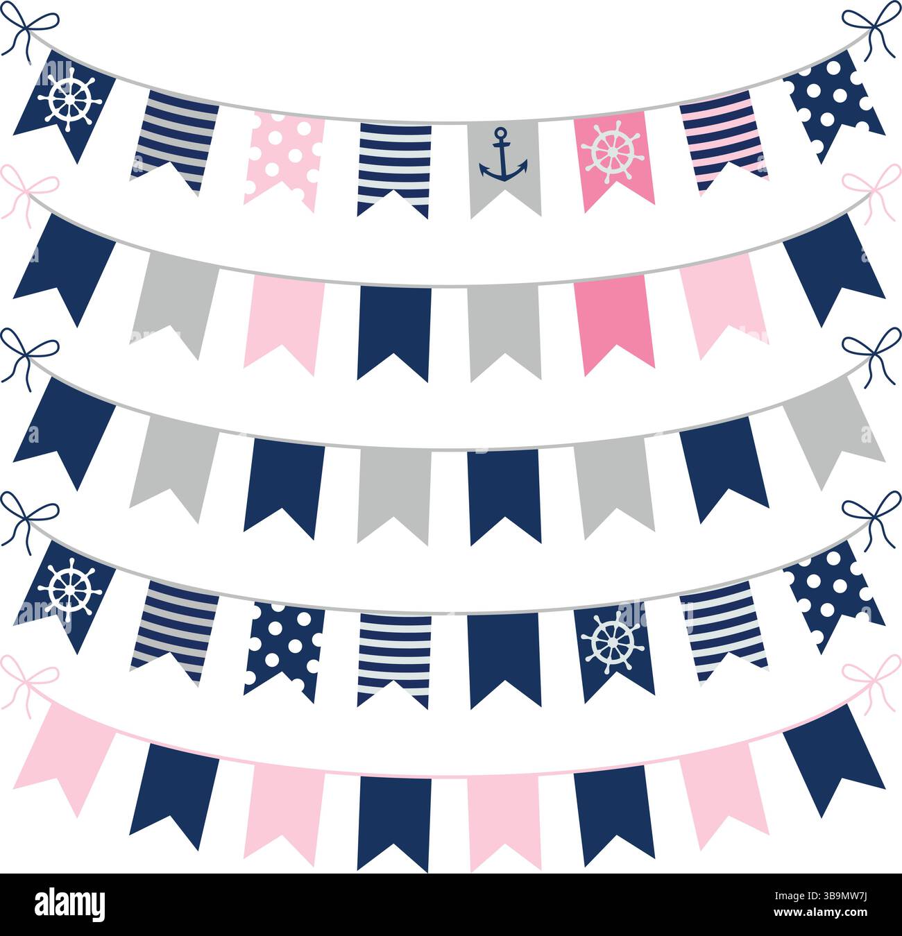Pink, blue and grey nautical buntings for girl birthday invites ...