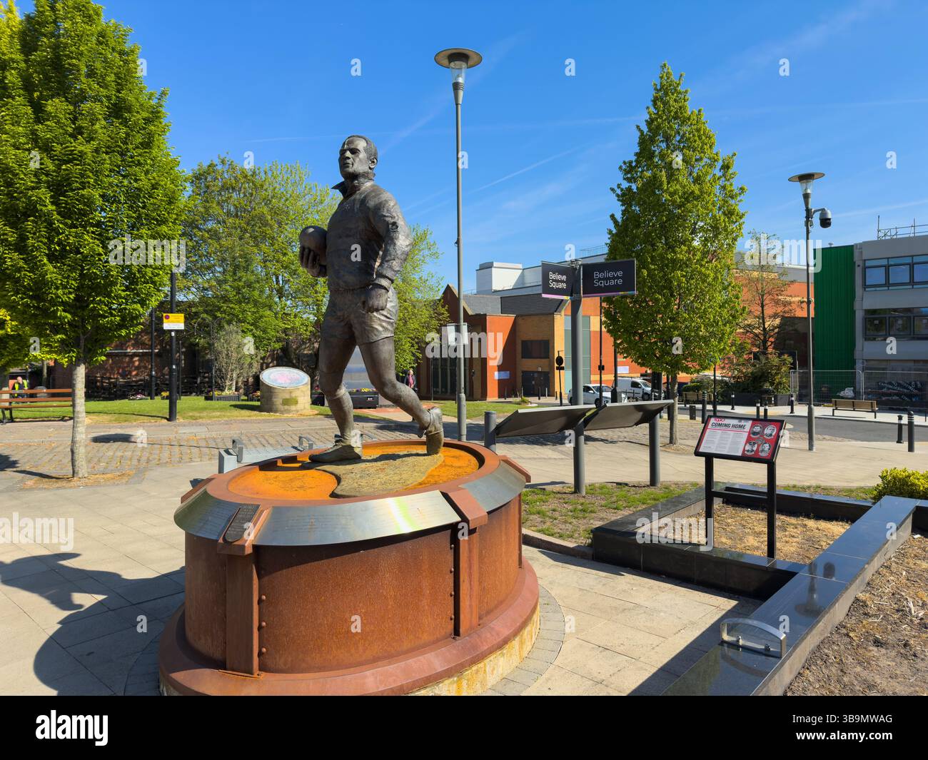 Statue of rugby player Billy Boston in Believe Square in Wigan town ...