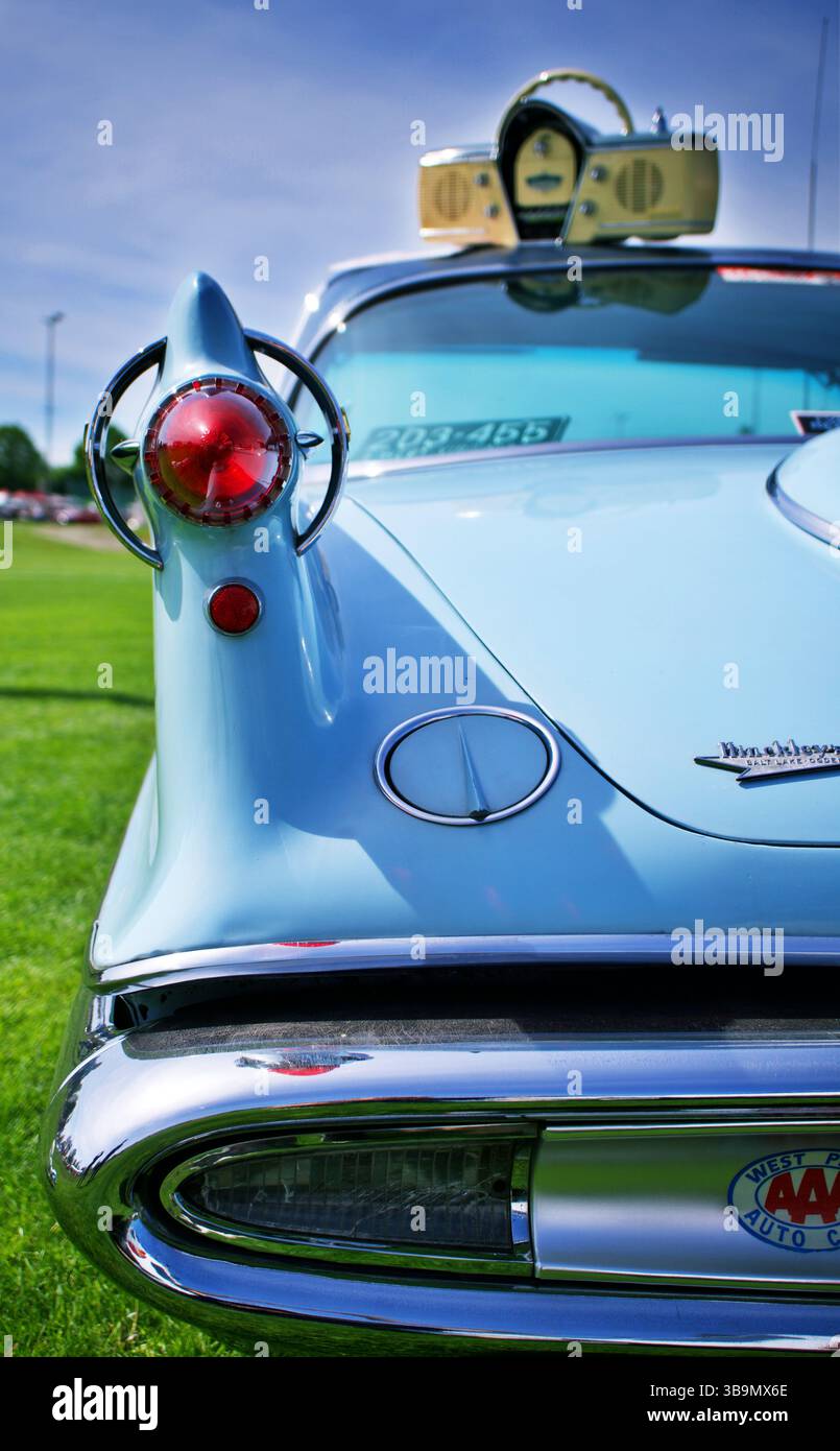 Classic 1950s Car Tail Fin with Red Rocket Tail Light and Vintage Radio ...