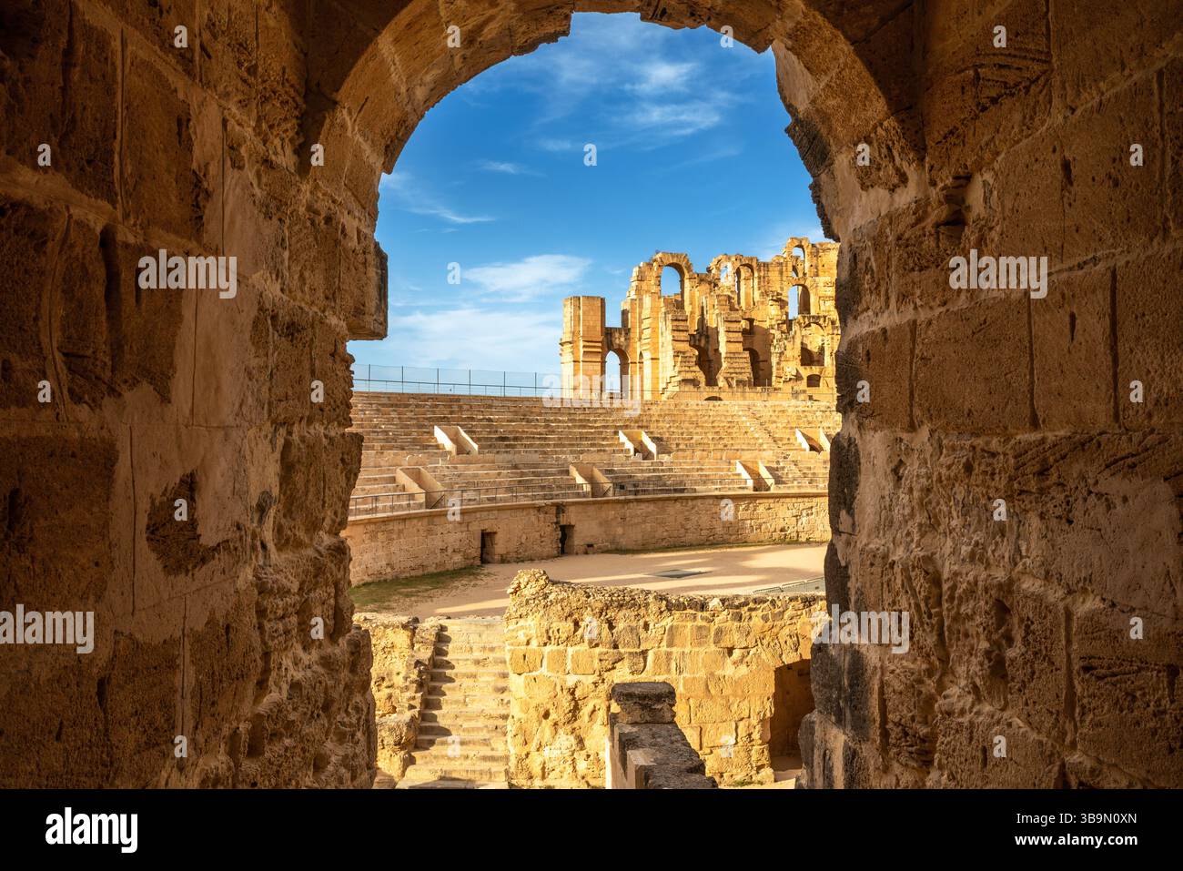 View from the arch to ancient african Roman Colosseum amphitheatre ...