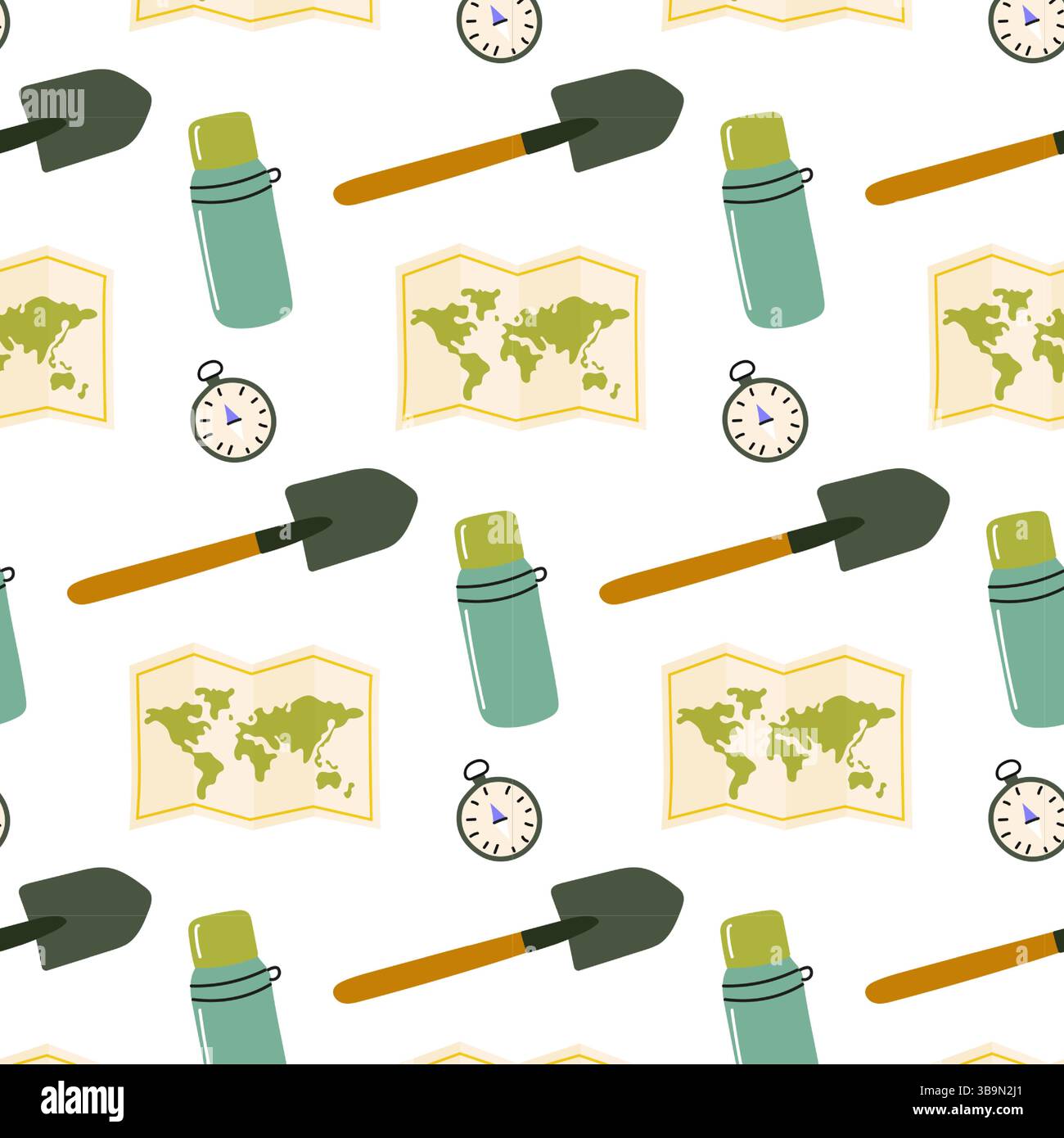 Outdoor adventure tools pattern with maps, timers, and shovels suitable ...