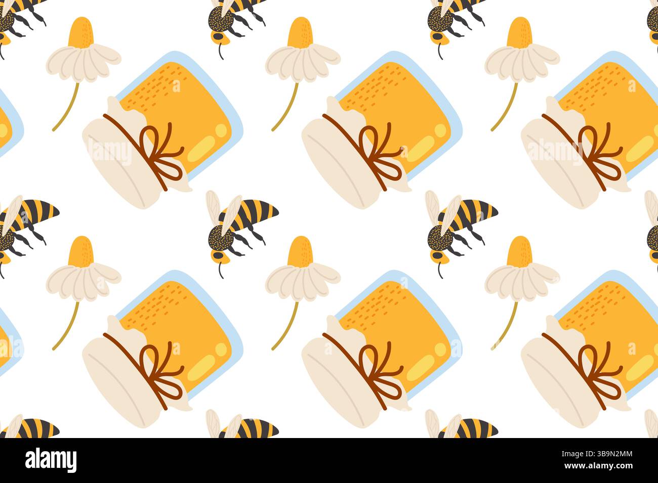 Brightly colored bees and honey jars designed in a cheerful pattern for ...
