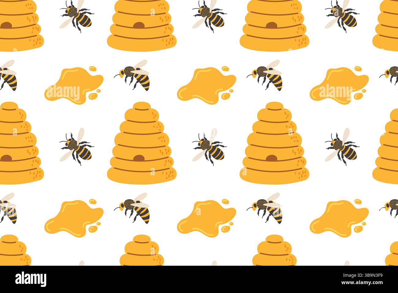 Pattern featuring beehives and bees with honey droplets on a white ...