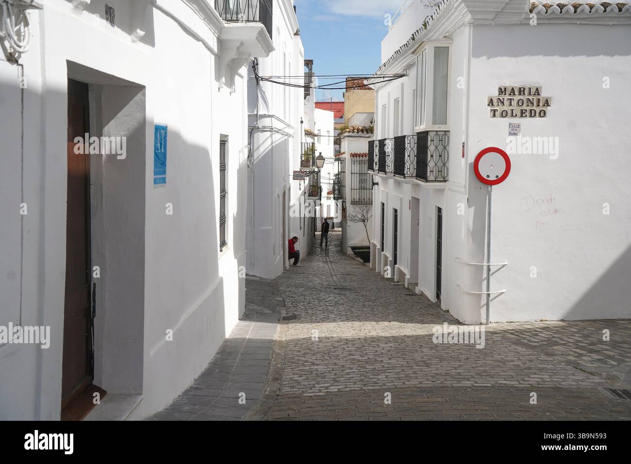 Street in Tarifa, Andalusian town historic city centre with white ...