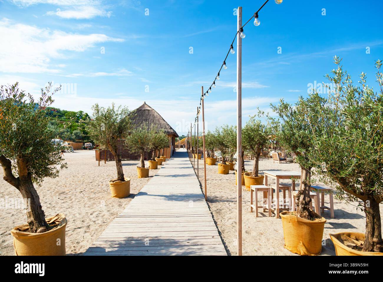Summer beach in the city of Constanta in Romania with wooden decking on ...