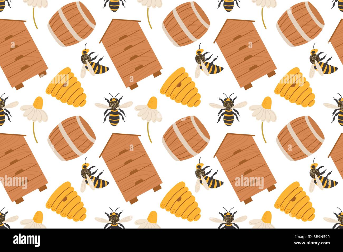 Colorful bee pattern featuring hives, honeycombs, and flowers in a ...