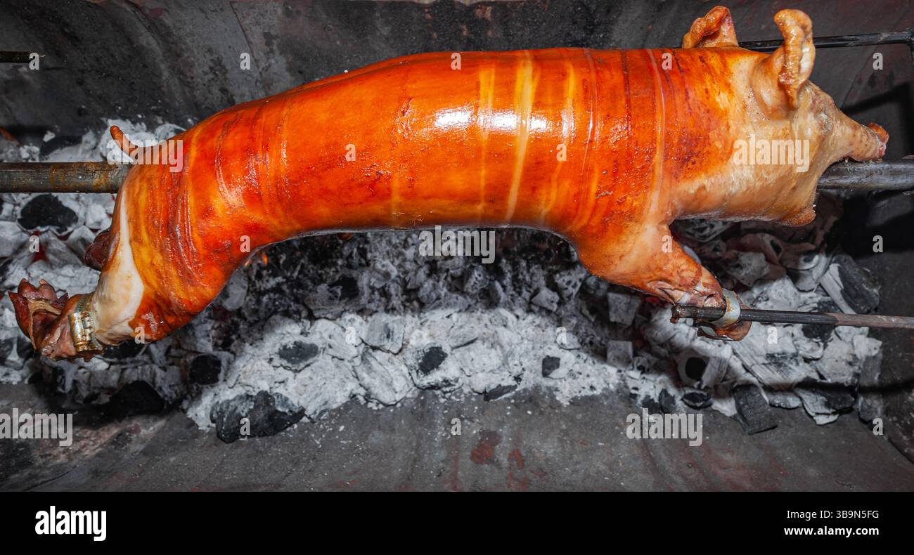 A young pig is roasted on a spit over coals Stock Photo - Alamy