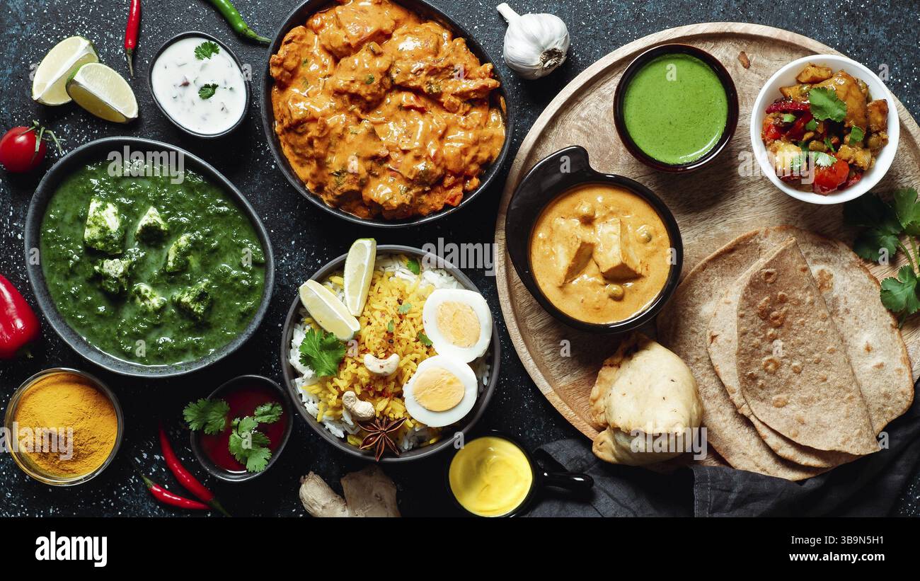 Indian cuisine dishes: tikka masala, dal, paneer, samosa, chapati ...